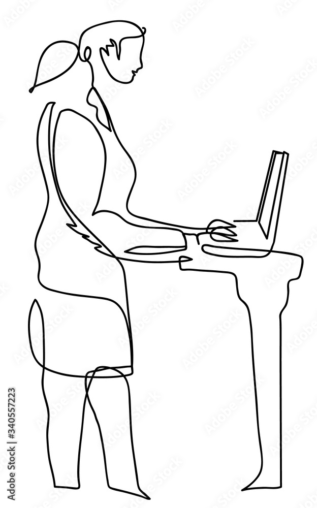 One continuous line drawing of standing business woman working with ...