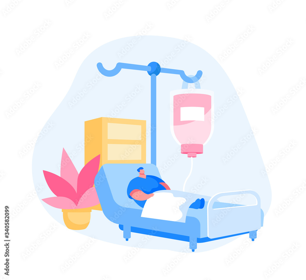 Healthcare Concept. Sick Injured Patient Character Lying in Medical Bed ...