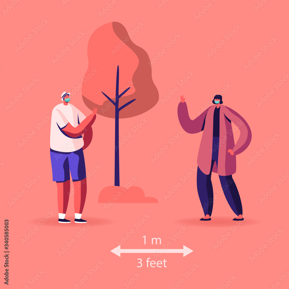 Male and Female Characters in Medical Masks Stand on One Meter Distance ...