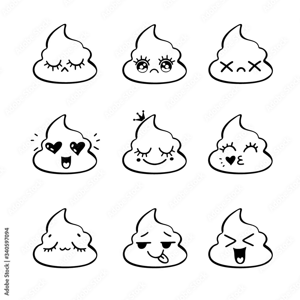 Poop emoji face icons, crap signs, cartoon shit. Smiling faces symbols ...