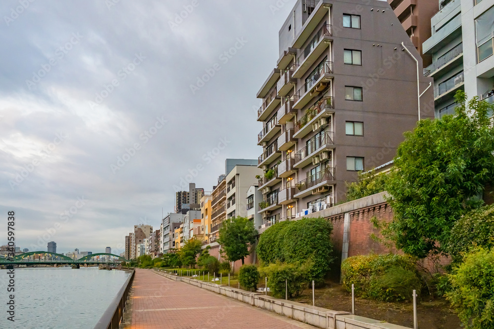 Japan. Embankment in Tokyo. High-rise buildings on the coast of Tokyo ...
