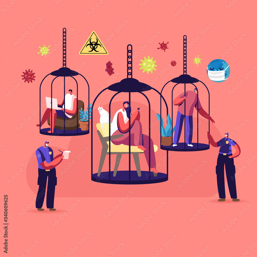 Home Isolation Concept. Characters Sitting in Cages Supervised with ...