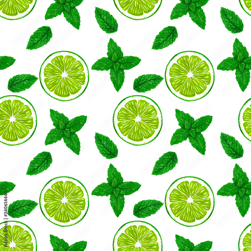 Mint and lime on a white background. Summer seamless pattern design ...