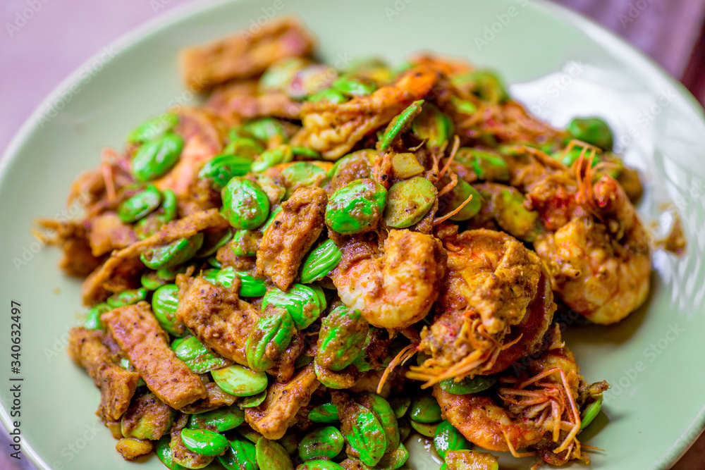 blurred background view of the spicy southern Thai food(stir-fried ...