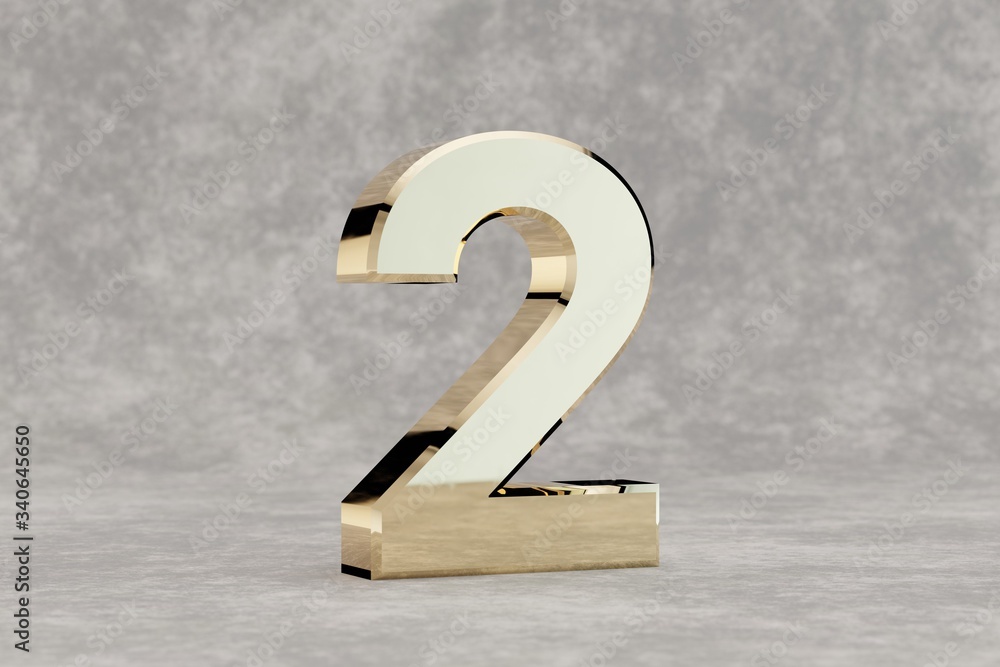 Gold 3d number 2. Glossy golden number on concrete background. Metallic ...