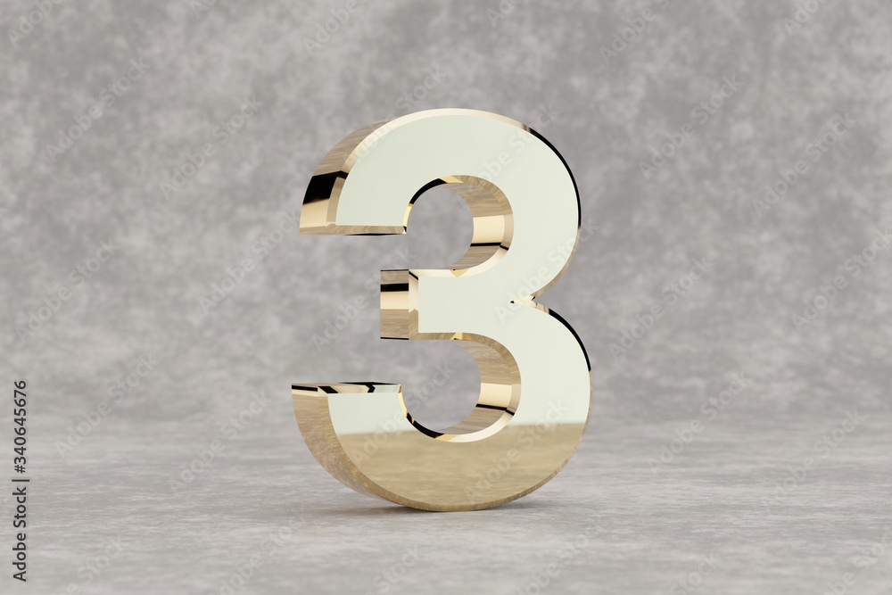 Gold 3d number 3. Glossy golden number on concrete background. Metallic ...