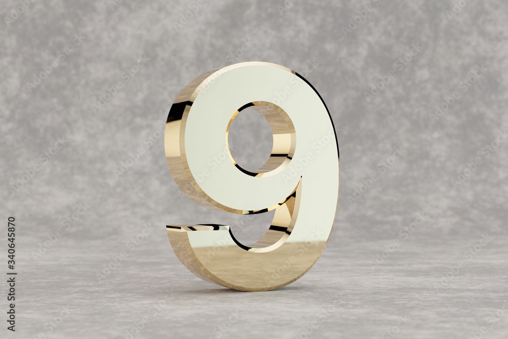 Gold 3d number 9. Glossy golden number on concrete background. Metallic ...