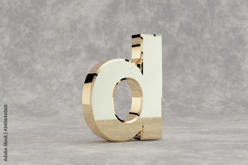 Gold 3d letter D lowercase. Glossy golden letter on concrete background ...