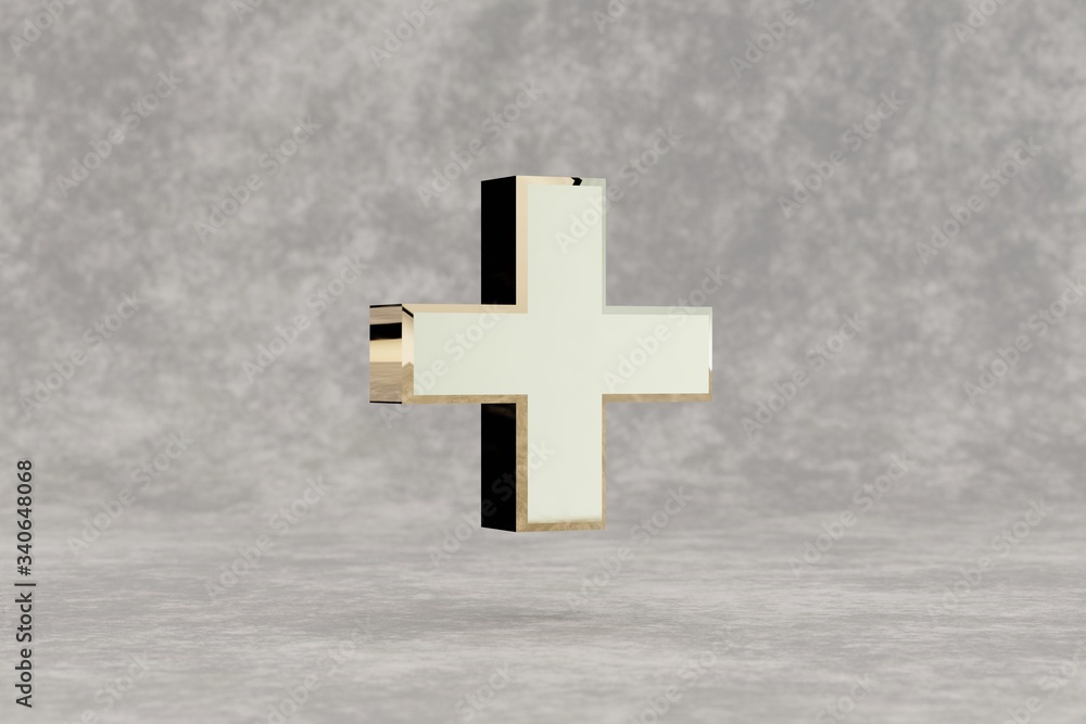 Gold 3d plus symbol. Glossy golden sign on concrete background ...