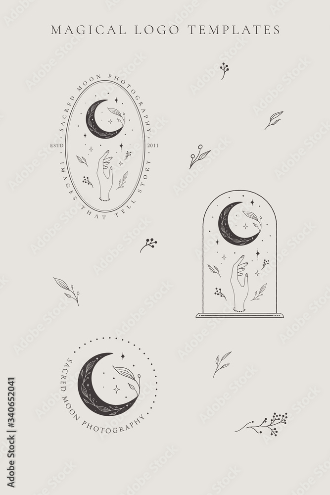 abstract hand drawn crescent moon logo set with stars, hand, flower and ...