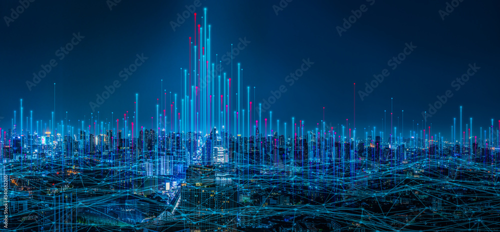 Modern city with wireless network connection and city scape concept ...