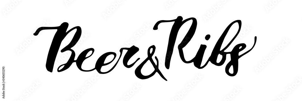 Handwritten word "Beer&Ribs". Overlay design. Hand lettering brush ...