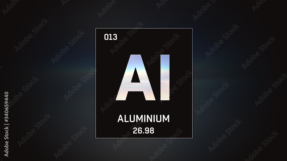3D illustration of Aluminium as Element 13 of the Periodic Table. Grey ...
