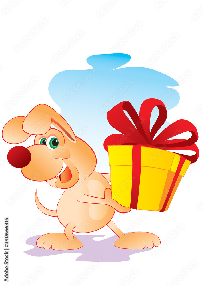 cute cartoon dog character carries a big box with a red bow in its paws ...