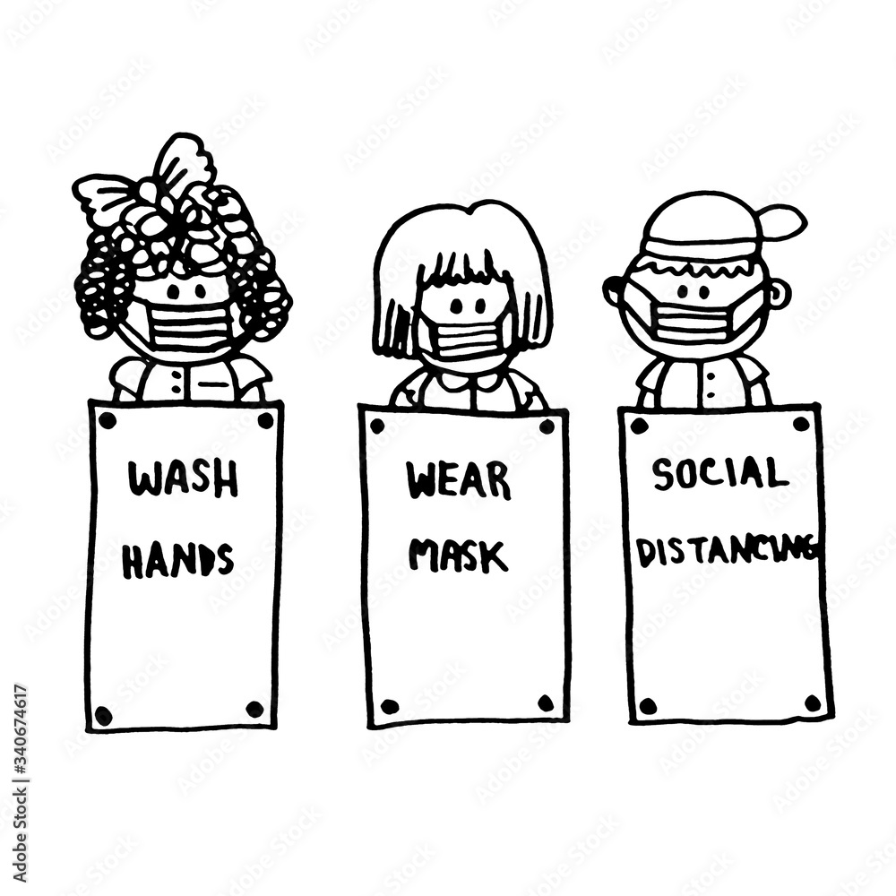 Wash Hand, Wear Mask, Social Distancing Text with Children Boy and ...
