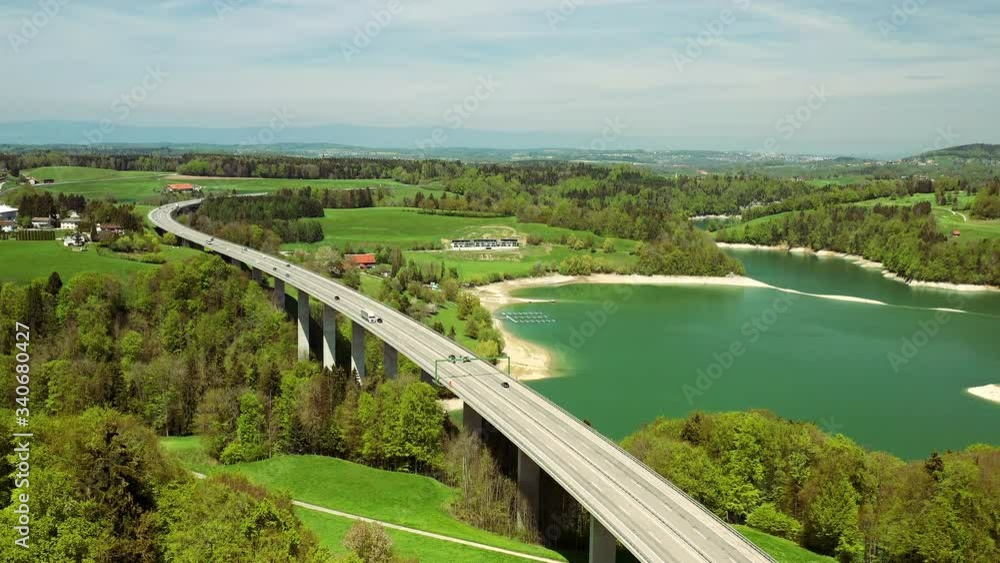 A12 motorway passing the Lake of Gruyere, Lac de la Gruyere, Rossens ...