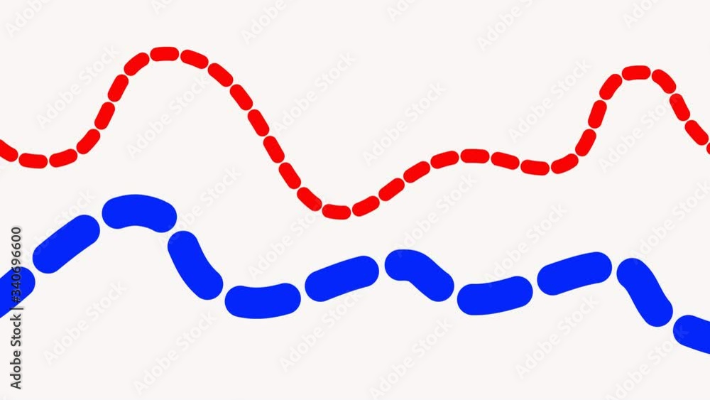 Animation in 4K, dotted lines waving forms in red and blue colors ...