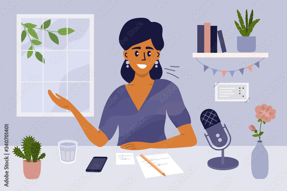 Stay at home, recording podcast show. Female radio host speaking into ...