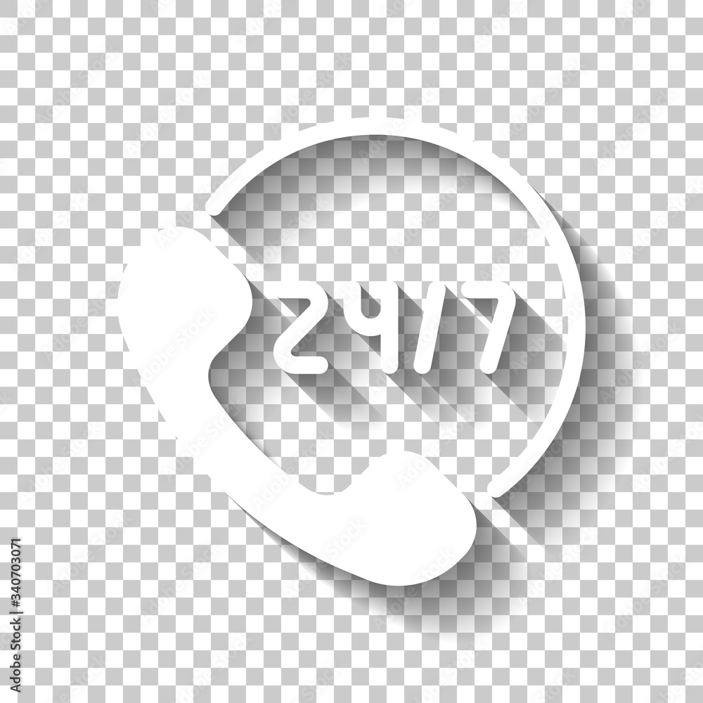 Call or support center, 24 and 7. White icon with shadow on transparent ...