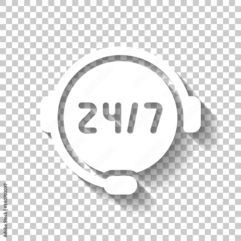 Call or support center, 24 and 7. White icon with shadow on transparent ...