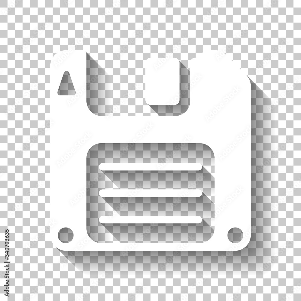 Diskette, floopy disk, save file. White icon with shadow on transparent ...