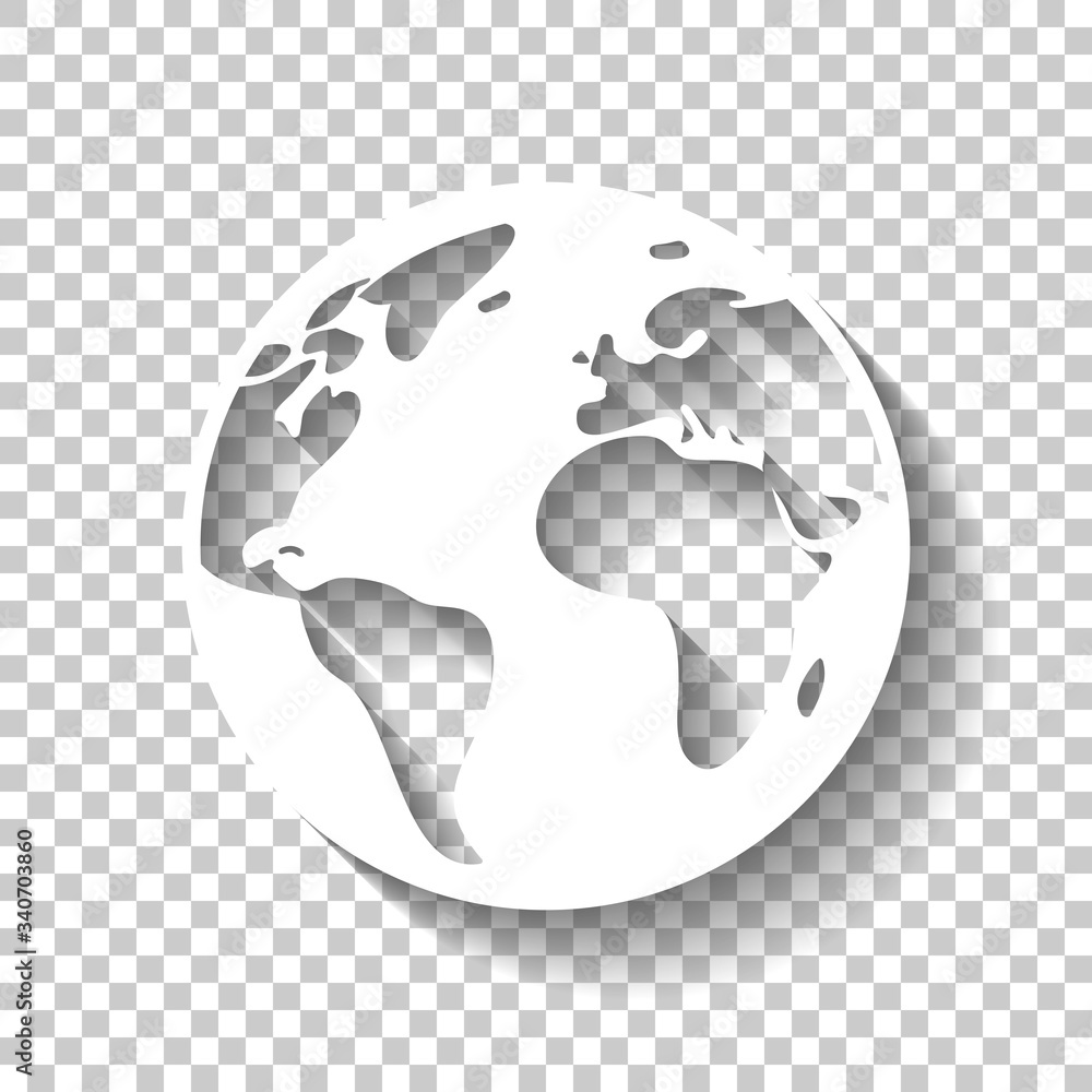 Earth planet, global map. White icon with shadow on transparent ...