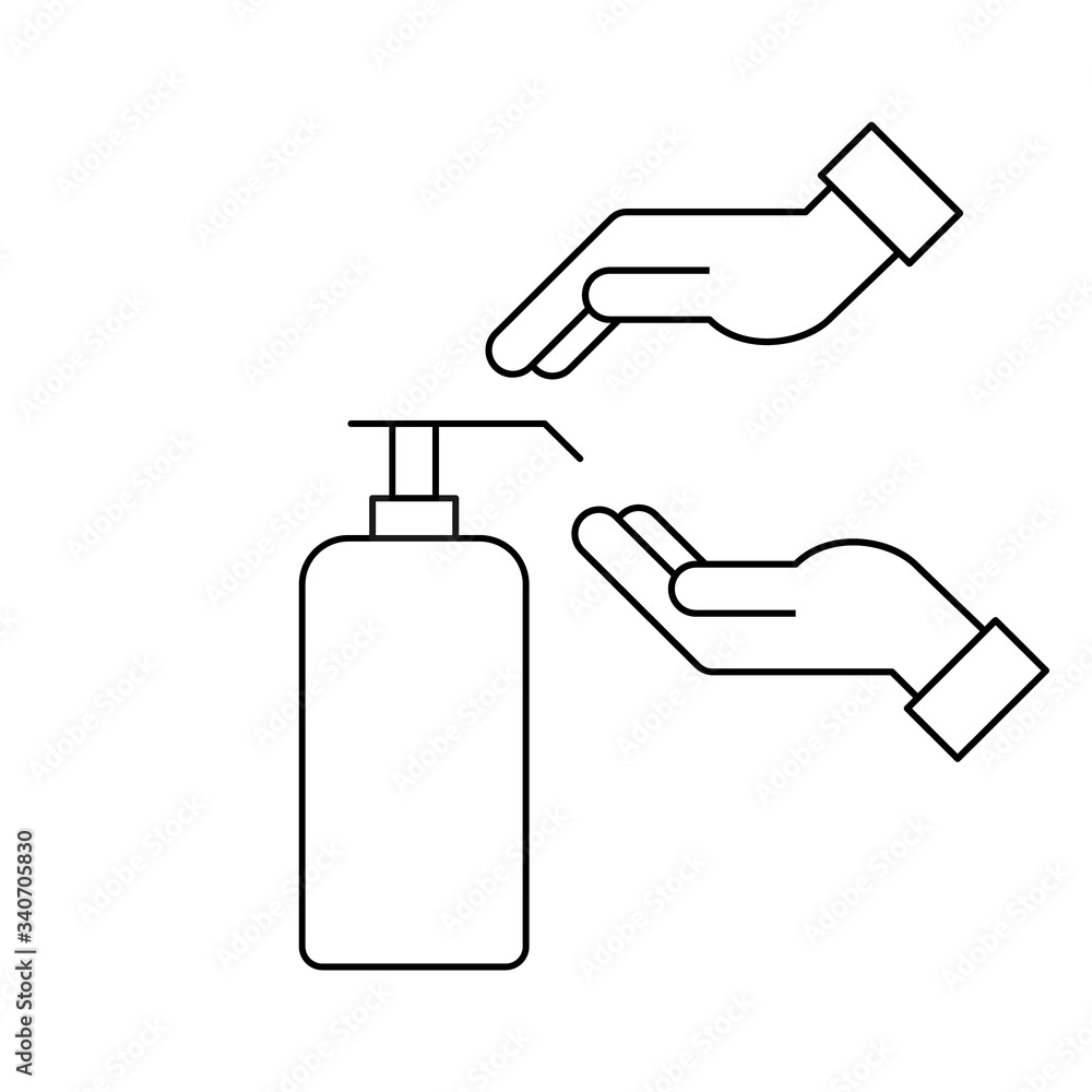 Hands using sanitizer bottle pump. Hand disinfection sign or symbol ...