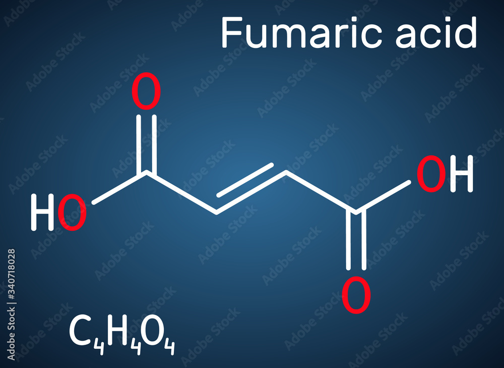 Fumaric acid, C4H4O4, molecule. It is unsaturated dicarboxylic acid ...