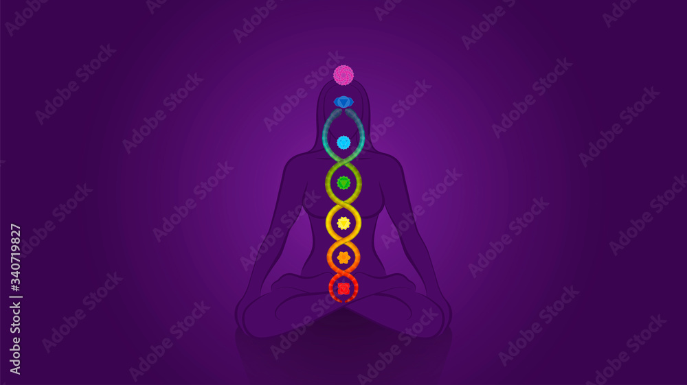 Kundalini - coiled snake. Meditating yoga woman with chakras on violet ...
