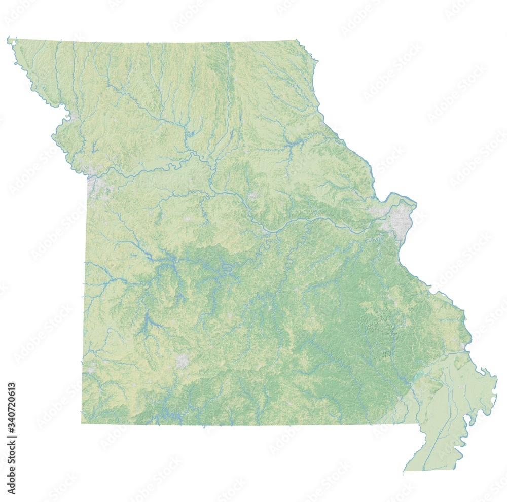 High resolution topographic map of Missouri with land cover, rivers and ...