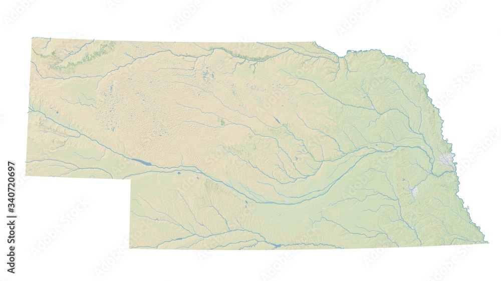 High resolution topographic map of Nebraska with land cover, rivers and ...