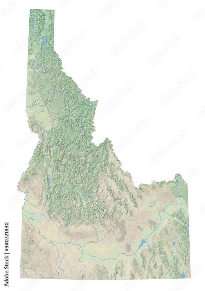 High resolution topographic map of Idaho with land cover, rivers and shaded relief in 1:1.000. ...