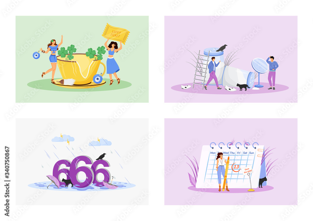 Superstitions flat concept vector illustrations set. Good and bad luck ...