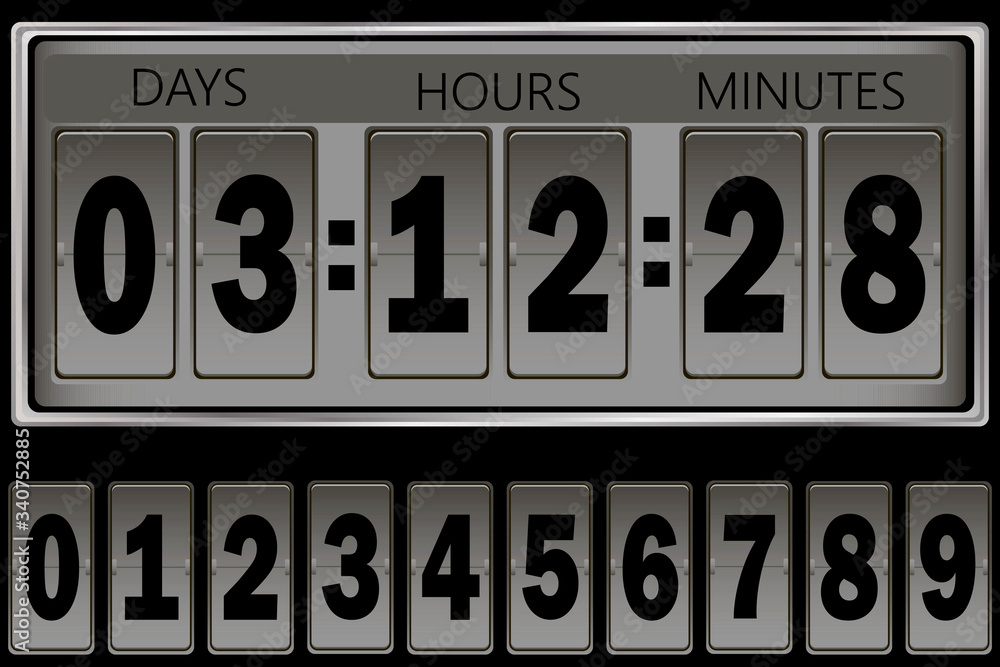 Time meter: day, hour, minute. Gray color with black numbers. Set of ...