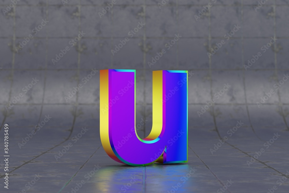 Multicolor 3d letter U lowercase. Glossy iridescent letter on tile ...