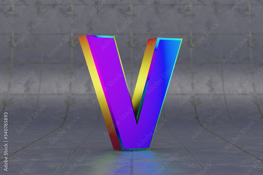 Multicolor 3d letter V uppercase. Glossy iridescent letter on tile ...