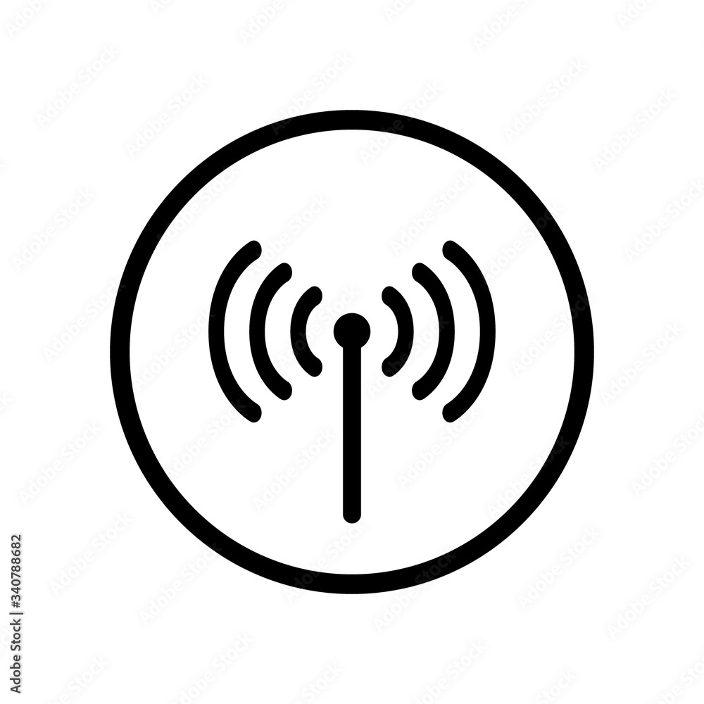 Black round broadcast signal wave graphic with caution icon, simple ...