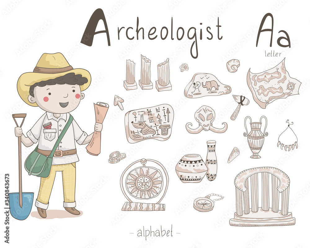 Vector character - archaeologist with different archaeological icons ...