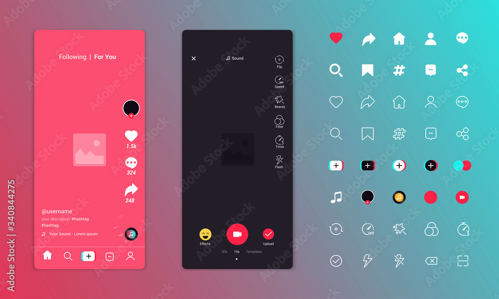 App Screen interface and icons in social media application. Music and ...