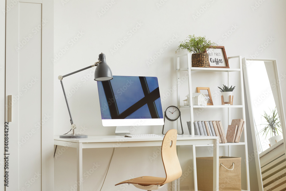 White Background image of empty home office workplace with wooden chair ...