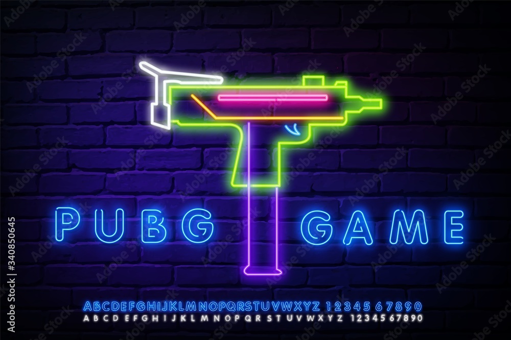 Glowing neon icons.Icons for a war game,PUBG game, automatic weapons ...