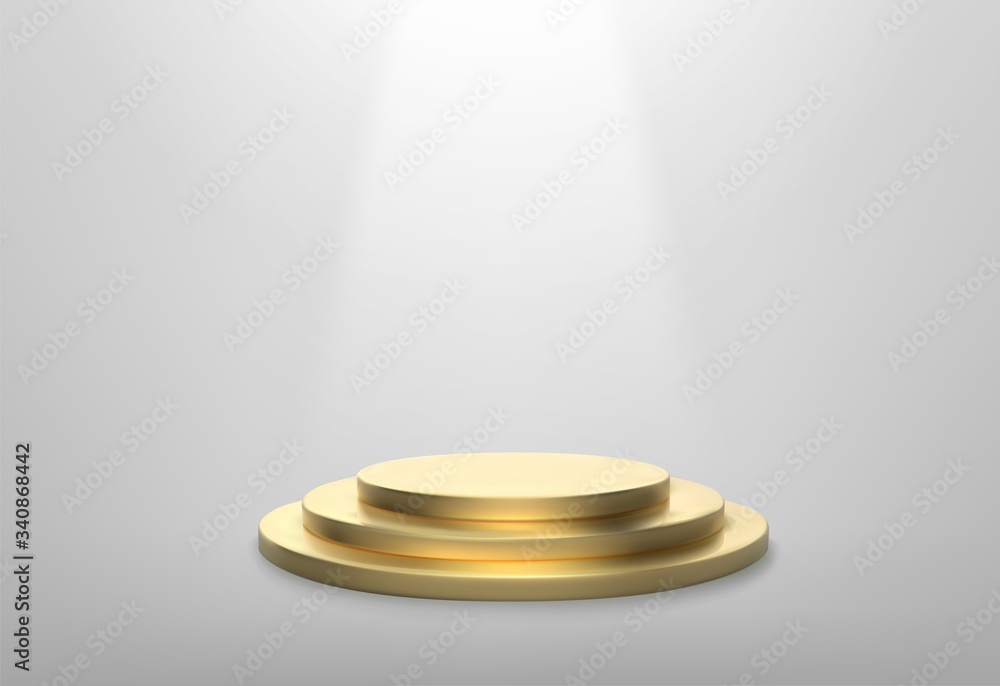 Realistic gold stage podium. Round winner pedestal. Illuminated place ...