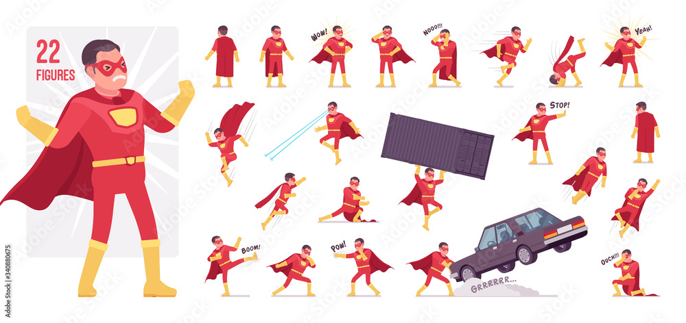 Male super hero in classic red costume character set. Heroic strong ...