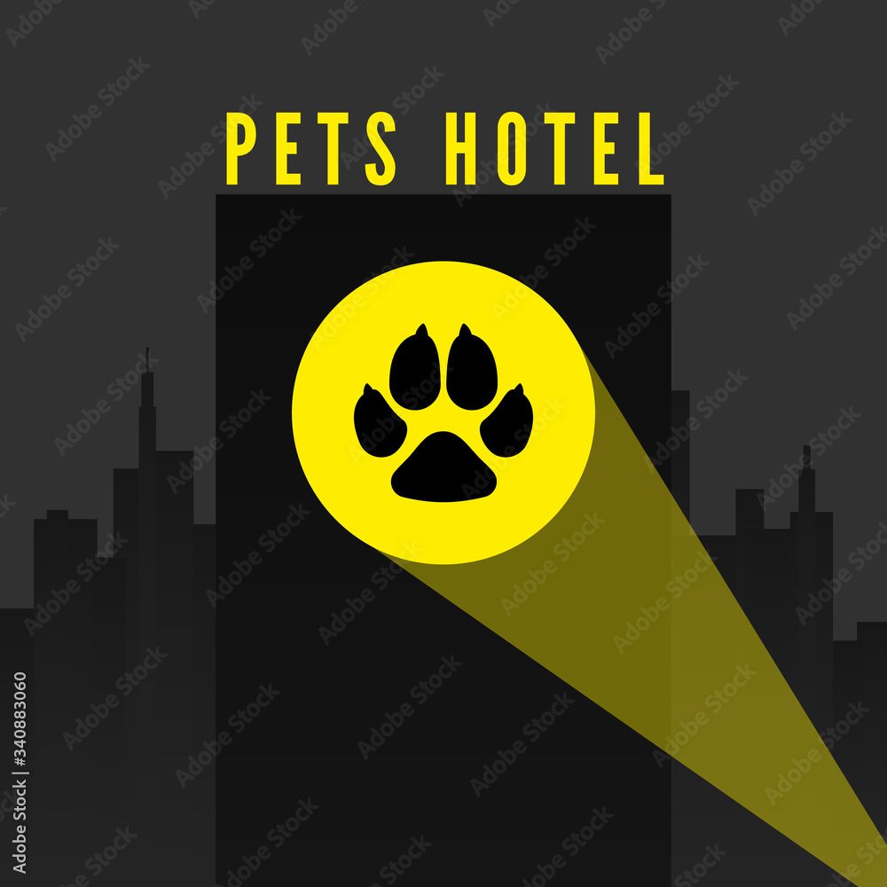 Pets hotel. Trail of dogs paw in spotlight on city background. Logo for ...