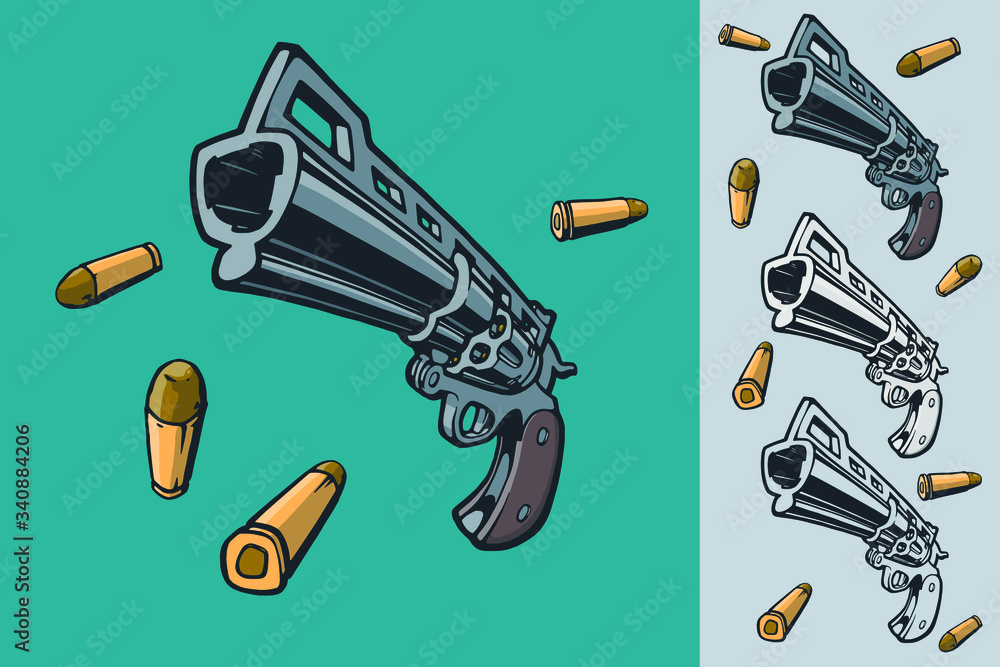 Hand drawn pistol colt gun and bullets in game concept art style ...