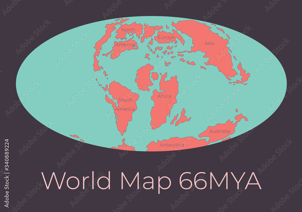 Map of the World 66MYA. Vector illustration of Worldmap with red ...