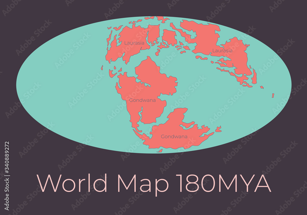 Map of the World 180MYA. Vector illustration of Worldmap with red ...