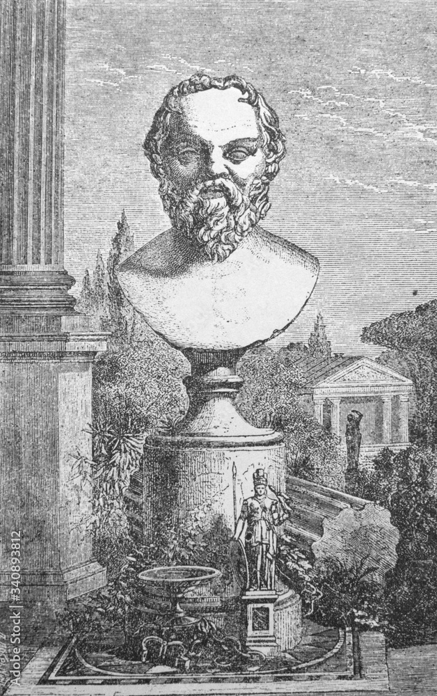 The statue of Socrates, the ancient Greek philosopher in the old book ...