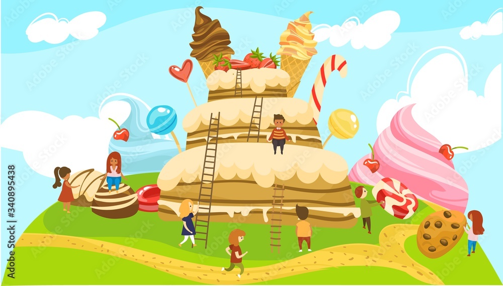 Little people in land of sweets fairytale world, boys and girls on ...