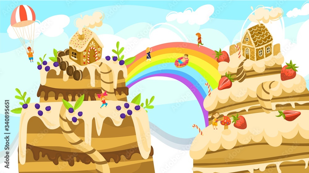 Land of sweets fantasy world, boys and girls on rainbow between cakes ...